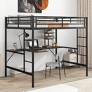 RUNWON Full Size Metal High Loft Bed with Under-Bed Long Desk and Storage Shelves for Kids Adults