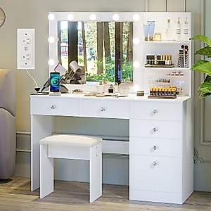 VOWNER Vanity with Lights - 47" Makeup Vanity Desk with Power Outlet, Storage Shelves and 6 Drawers, 3 Color Lighting Modes with Adjustable Brightness, Makeup Desk with Stool for Women Girls, White