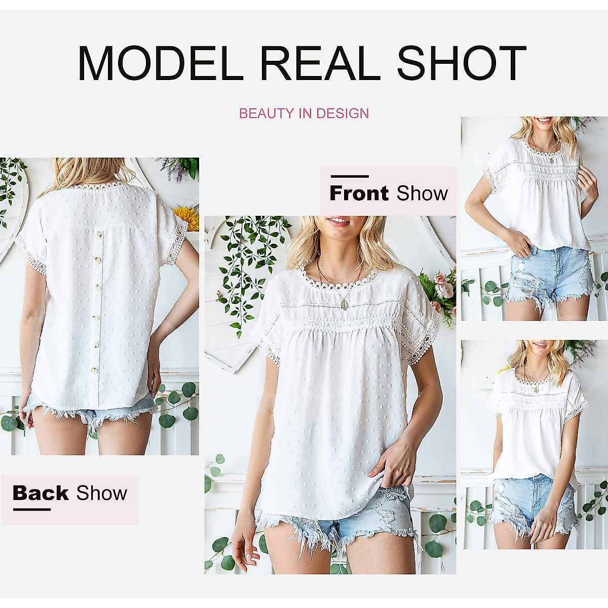 Dokotoo Blouses, Fashion 2025 Summer Crochet Lace Round Neck Short Sleeve Shirts Back Button Down Pom Pom Boho Casual Solid Chiffon Blouse Womens Tops White Large