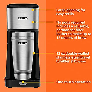 KRUPS Simply Brew to Go Single Serve Drip Coffee Maker with Travel Tumbler Included, 12 fluid ounces, Silver and Black