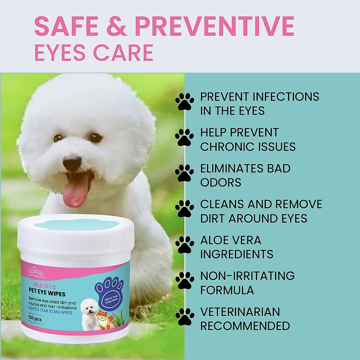 Pet Eye Wipes Aloe Vera, Moisturizer Presoaked Wash Pads for Dogs and Cats, Eye Cleaner Wipes, Gently Remove Tear Stain Mucus Irritations Itching, Reduce Cataract Natural Ingredients, Eye Care 120 pcs