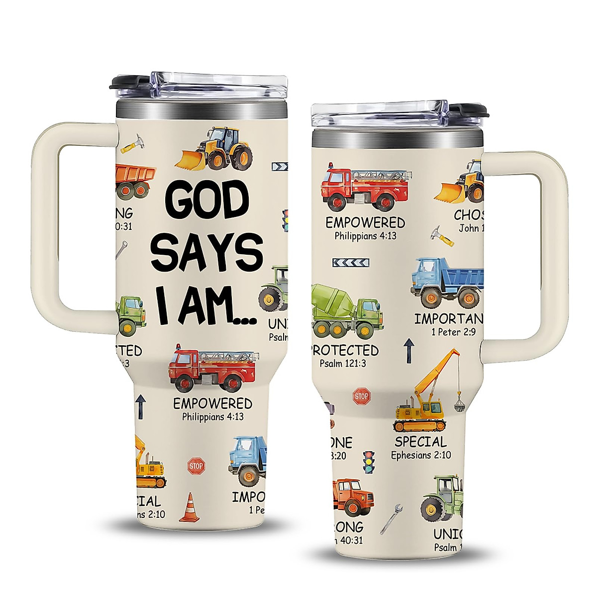 Christian Truck Gifts, 40 Oz God Says I Am Construction Truck Tumbler With Handle, Christian Gifts for Boys, Inspirational Religious Birthday Gifts for Truck Lover Bible Verse Cup, Construction gifts