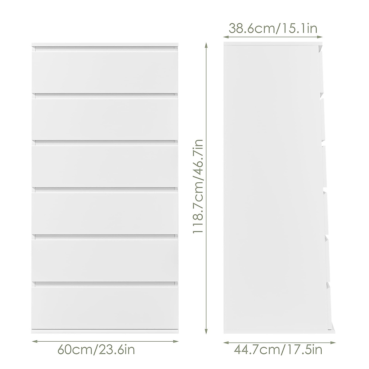 FOTOSOK White Dresser, 6 Drawer Dresser, Modern Tall Floor Storage Cabinet with Metal Sliding Rail, Wooden Handleless Drawer Cabinet, 6-Layer Large Capacity Vertical Dressers for Home & Office
