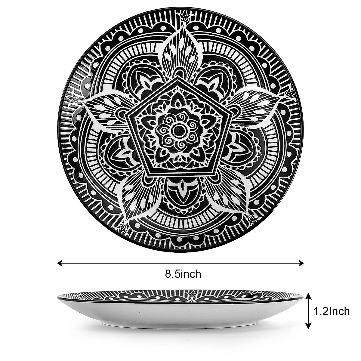 Coloch 4 Pack 8.5 Inch Ceramic Salad Plates, Black and White Floral Dessert Plate Reusable Snack Serving Plate for Pasta, Fruits, Sandwiches, Bar, Home Use, Microwave and Dishwasher Safe