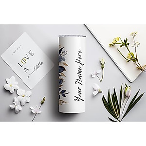 Personalized Flowered Skinny Tumbler 20Oz, Stainless Steel with lid, Straw, Brush and Non-Slip Base. Keep Drinks Hot or Cold. Use like Water Bottle, Coffee Mug, Travel Mug, Wine Cup. (Navy Blue)