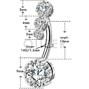 OUFER 14mm Belly Button Rings 316L Stainless Steel Clear CZ Navel Rings Belly Piercing