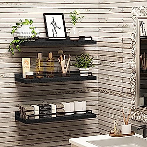 RYOFOBETTO Floating Shelves for Wall Decor Bathroom Shelves Over Toilet, Farmhouse Wall Shelves for Living Room, Bedroom, Picture Frames, Plants, Kitchen (Black, Set of 3)