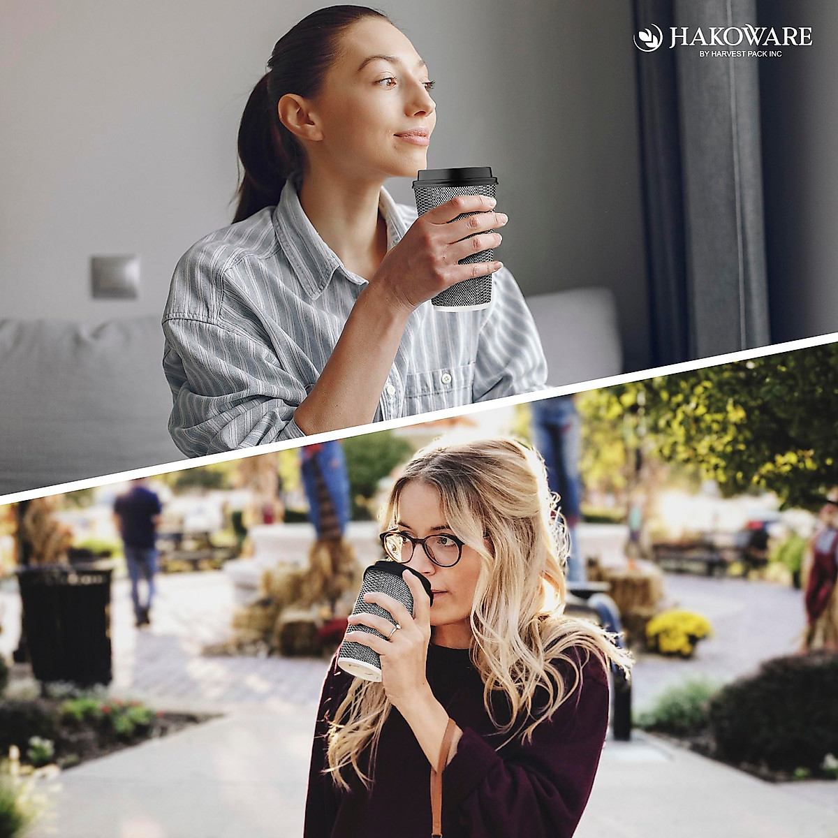 [85 SET]Harvest Pack 16 oz Disposable Coffee Cups, Insulated Ripple Double-Walled Paper Cup with Lid, Black and White Geometric, Tea Hot Chocolate Drinks To go coffee cups