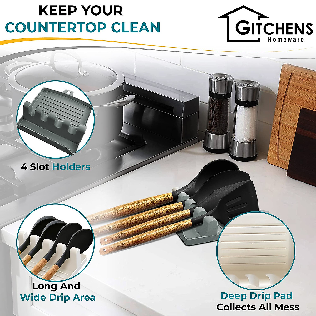 Gitchens Premium Utensil And Spoon Rest with Deep Drip Pad And Pot Lid Holder | Utensils And Spoons Cooking Stand for a Clean Grill, Stove And Kitchen | 2 Pack with Hanging Hooks (Black and Grey)