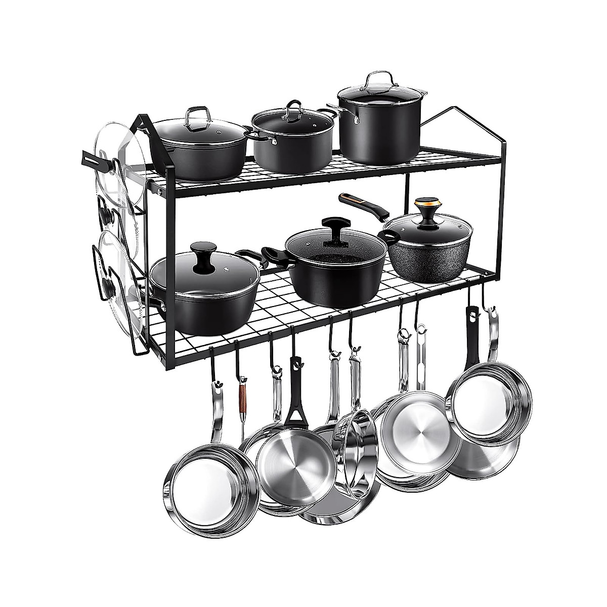 LADER 30Inch Wall Mounted Pot Rack, 2 Tiers Pots and Pans Organizer for Kitchen Organization & Storage, Large Size Black Hanging Pot rack, Wall Shelf with 5 connect Hooks