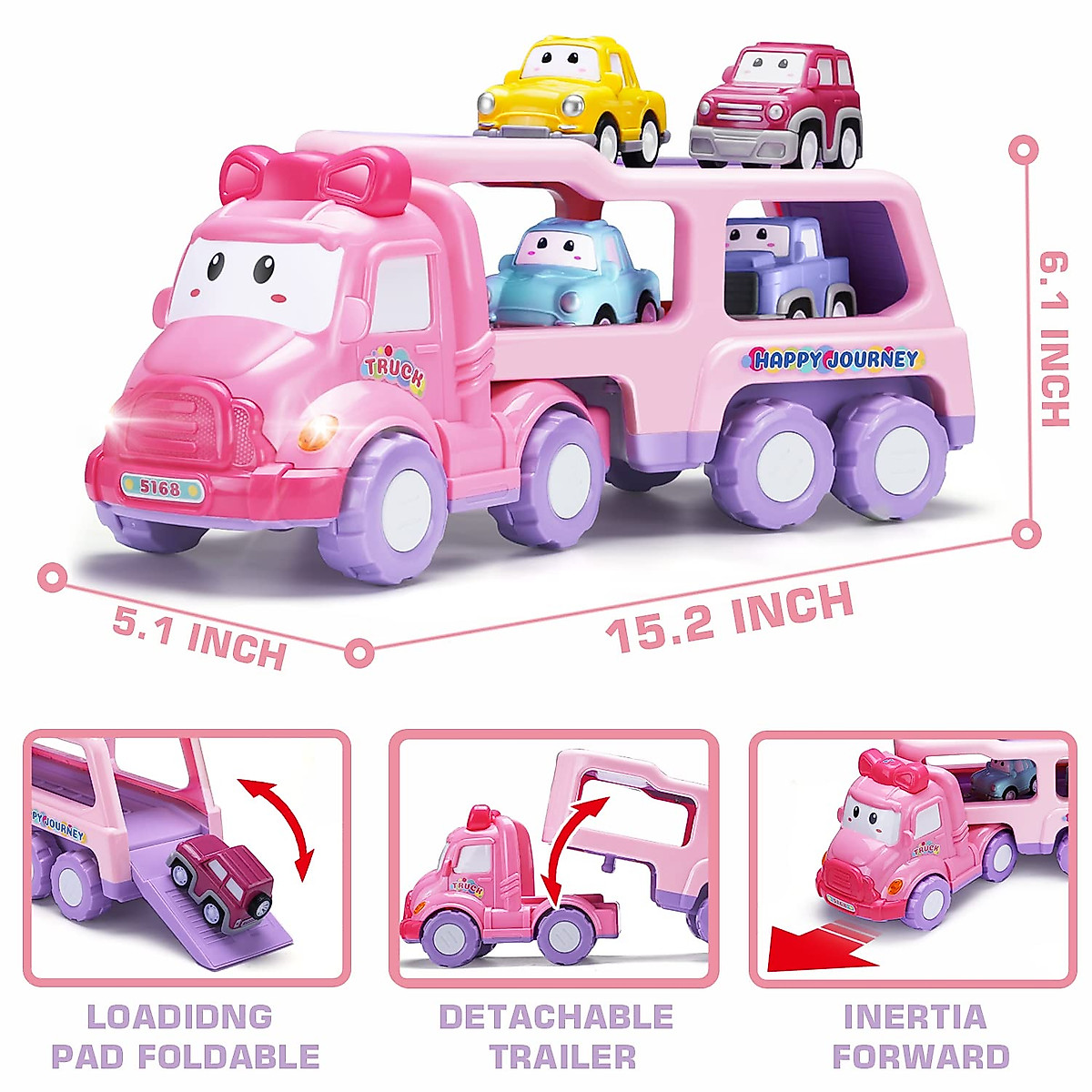 Cartoon Vehicle Toy for Toddler Girl, 9-in-1 Pink Carrier Truck for Baby Girls, Friction Power Transport Car with Light and Sound, Toys for 3 Years Old Little Girl Kid Child Infant Gift Birthday