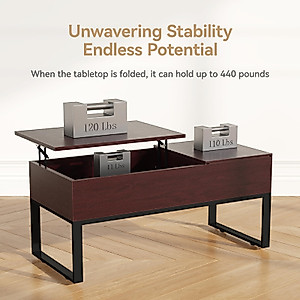 VEELOK Lift Top Coffee Table for Living Room with Hidden Storage Compartment on Rolling Wheels, 3-Way Slide Desktop Drawer Modern Coffee Tables, 43.3" Wood Coffee Table, 440lbs Max Weight, Espresso