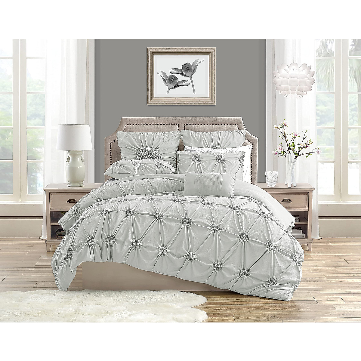 Swift Home Twin/Twin XL Light Grey Dorm Bedding - Floral Pintuck Duvet Cover Set - 2 Pieces Back-to-School Bed Linen, 1 Duvet Cover and 1 Pillow Sham
