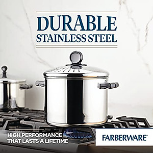 Farberware Classic Series Stainless Steel 8-Quart Covered Straining Stockpot with Lid, Stainless Steel Pot with Lid, Silver