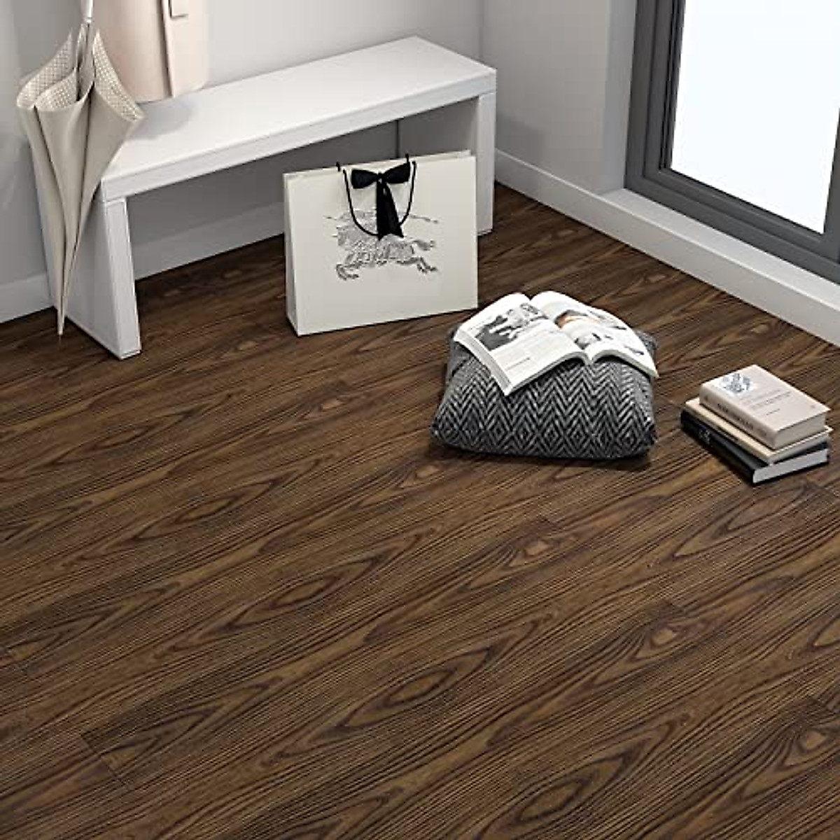 Decotalk Peel and Stick Wood Flooring Vinyl 15pcs Brown Wood Floor Tiles Self Adhesive 36"x6" Bathroom Floor Tile Waterproof Soft Vinyl Plank Flooring Laminate Wood Flooring Tiles for Kitchen Bathroom