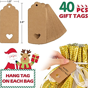 Christmas Drawstring Gift Bags with Tags - 32 PCS Stand Up Thanksgiving Gift Bags Assorted Sizes Large Medium Small Foil Gift Wrapping for Birthday, Goodies, Xmas Holiday Party Decorations Supplies