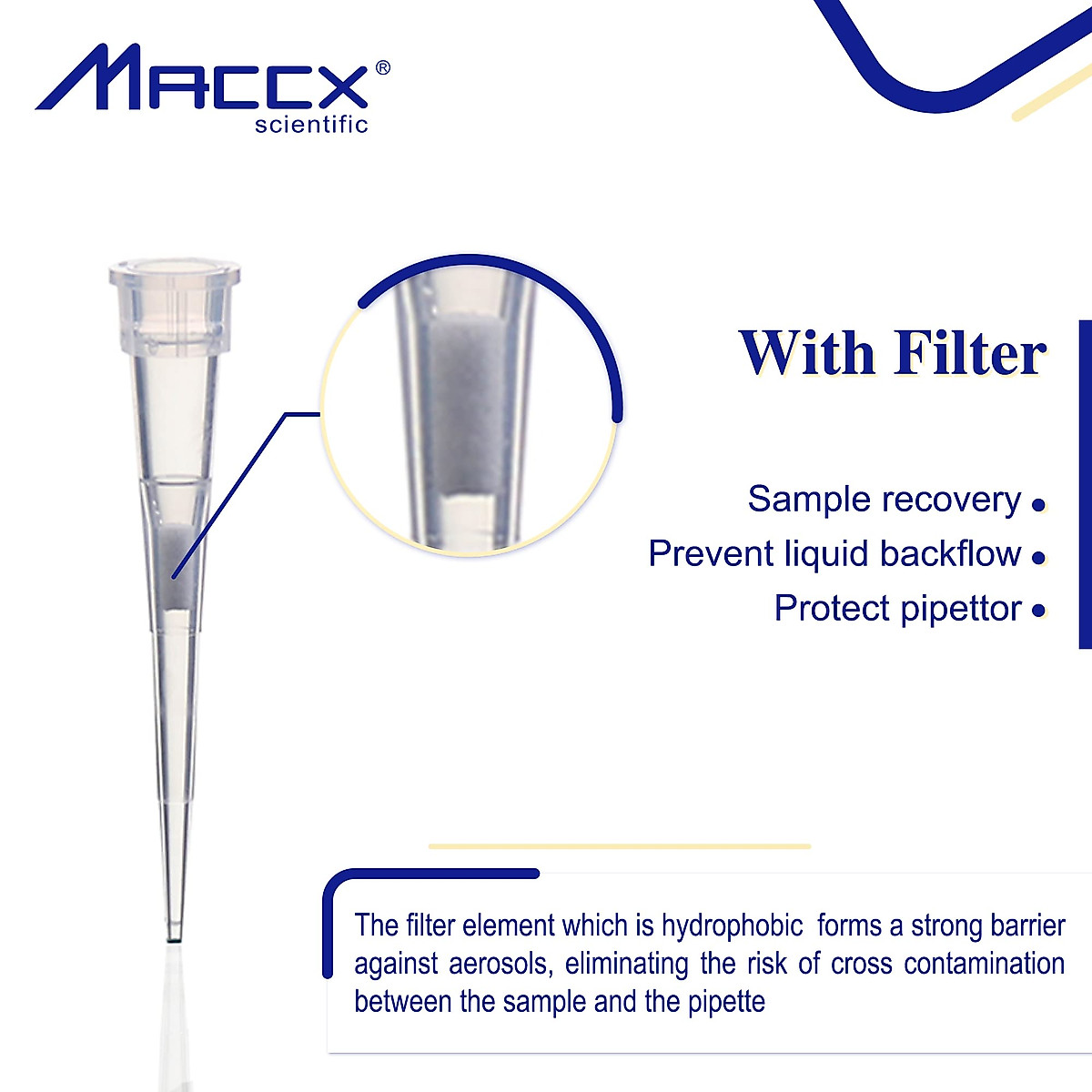 Maccx Disposable Filtering Pipette Tips, Universal Filter Pipette Tips, 960pcs of Vol. 10 μL, Molded Graduation, 96 Tips/Rack x 10 Racks, PTF010-960