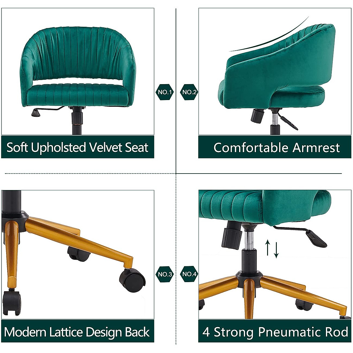 Home Office Chair Swivel Velvet Desk Chair Modern Cute Green Desk Chair with Gold Base for Girls Women Ergonomic Study Seat Computer Task Stools for Living Room (Green)