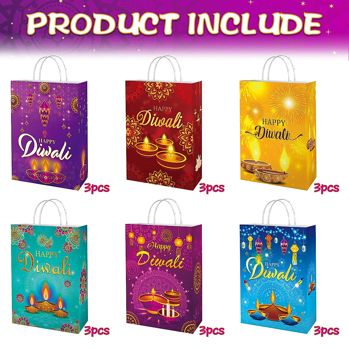 HABDJILTY 18 PCS Diwali Gift Bags Diwali Favors Bags with Handle Diwali Paper Treat Bags for Indian Diwali Party Decoration Supplies