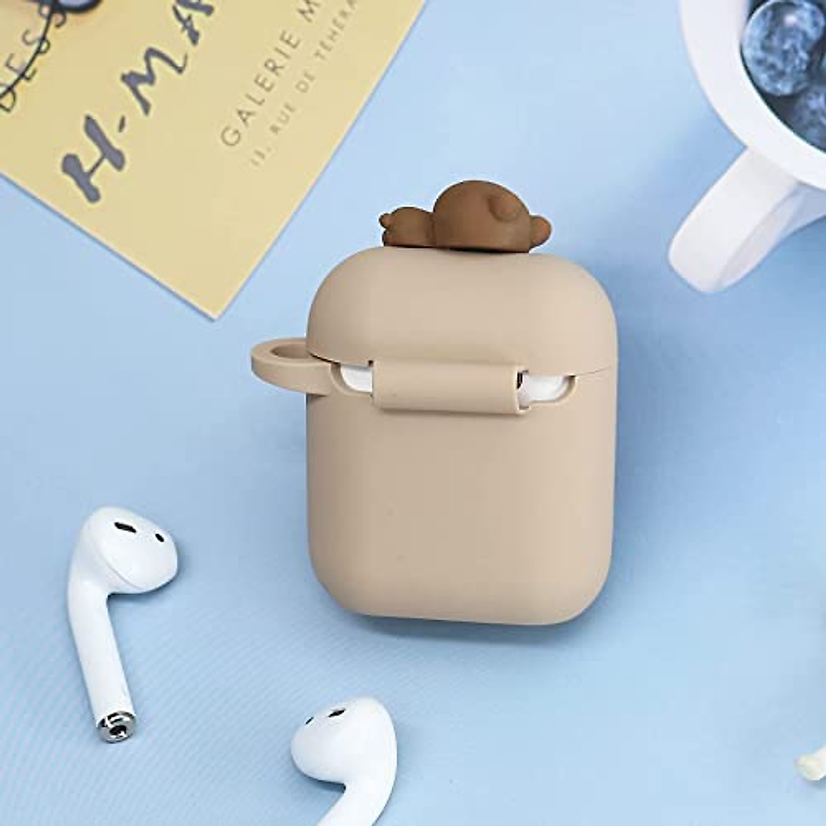 Wonhibo Cute Bear Airpods Case, Silicone Animal Soft Cover for Apple Airpod 1 2 with Keychain