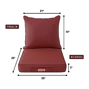 Faible Poisson Outdoor Chair Cushions, 20 x 20 Inch Waterproof Patio Furniture Back & Deep Seat Cushion Set with Handle and Anti-Slip Straps for Indoor Garden Camping, Plain Brick Red