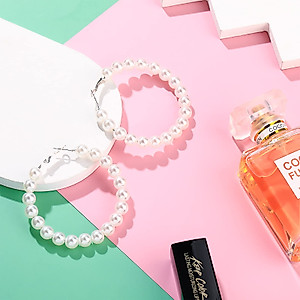 1950s Pearl Hoop Earrings White Pearl Earrings Drop Dangle Earrings for Women Bridal Presents (Silver Earpins,2.16 Inch)