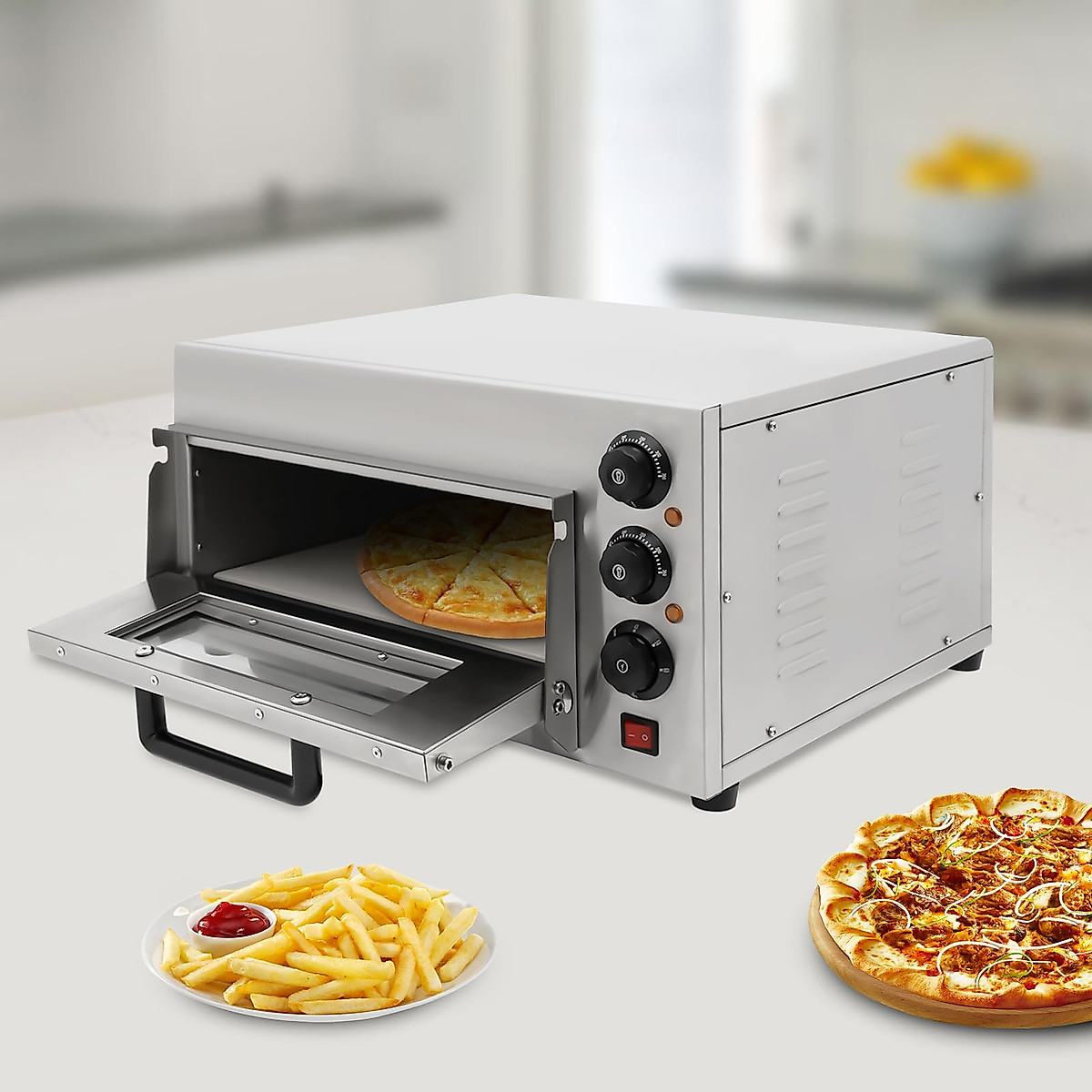 Electric Pizza Oven, Indoor Countertop Pizza Oven with Handle & Removable Tray, Adjustable Temp, Commercial Pizza Maker for Kitchen, Camping, Party