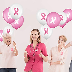 100 Pieces Breast Cancer Awareness Balloons 12 Inch Ribbon Latex Balloons Round Party Balloons Party Supplies for Party Decoration or Arch Decor (Pink, White)