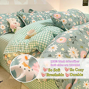 CinYana Sage Green Duvet Cover,Botanical Daisy Floral Duvet Cover Set,3 Pcs Kids Comforter Cover Set,Garden Flower Bedding Set,Soft Reversible for Girls Women Boys(Flowers,Queen)