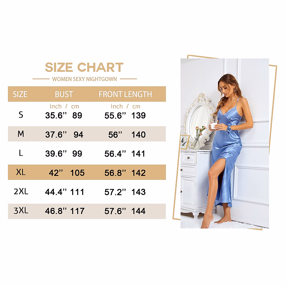 ALCEA ROSEA Womens Sleepwear Lace Lingerie Chemises V Neck Nightgown Sexy Long Sleep Dress Sleeveless Lace for Women Elegant (Midnight Blue, M)