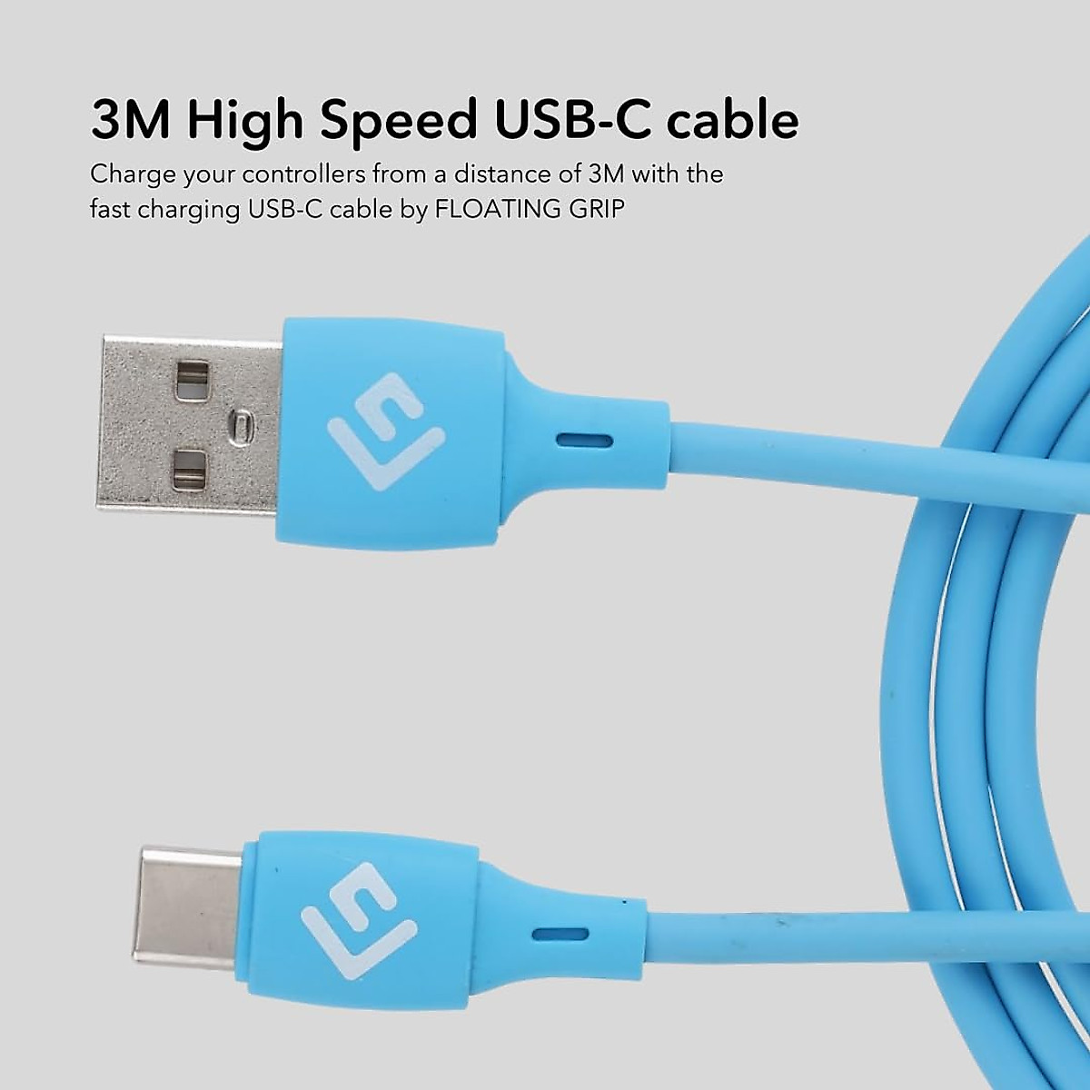 FLOATING GRIP USB C/USB A Charging Cable, 3M/10FT, Type c Fast Charging Cable with Data Sync, Compatible with PlayStation, Xbox & More (Blue)