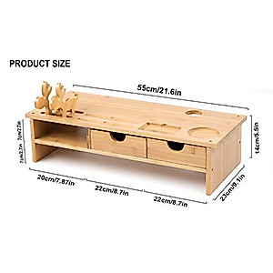 Monitor Stand Riser Desk Organizer-Bamboo 2 Tier Laptop Stand with Drawers, Adjustable Desktop Storage Organizer for Computer, Printer, Cellphone-Use in Office,Home/Reduce Neck &Eye Strain(Fawn)