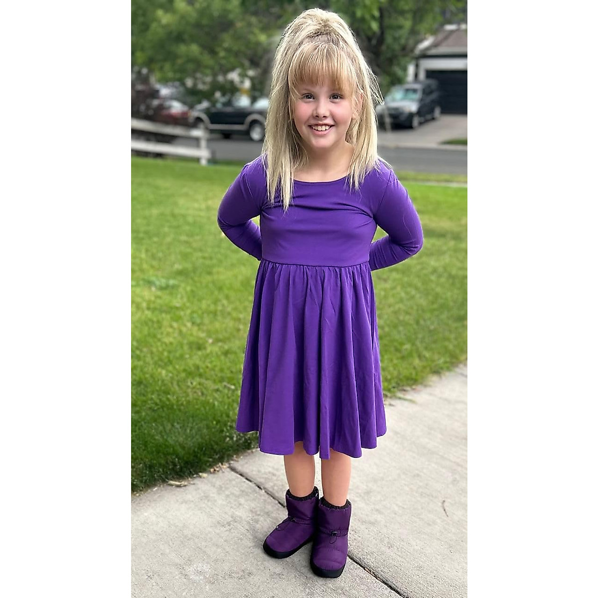 Stelle Long Sleeve Girls Dress Toddler Fall Dresses Skater Twirl Cotton A-Line Dress for School Casual Holiday Halloween(Purple, 7 Years)