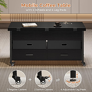UPOSOJA Lift Top Coffee Table with Storage, 4 in 1 Square Center Table with 4 Casters, Lift Tabletop Dining Table for Living Room with Built-in Power Outlet 4 Drawers Hidden Compartment (Black)