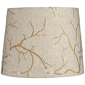 Beige Plum Flower Embroidery Medium Drum Lamp Shade 12" Top x 14" Bottom x 11" Slant (Spider) Replacement with Harp and Finial - Springcrest