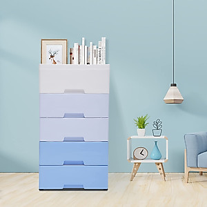Plastic Drawers Dresser,5 Tier Storage Tower with 5 Drawer and Wheels,Storage Organizer Rack, Movable Storage Tall Small Cabinet Closet for Bed, Closet, Sofa, And Cabinet (Gradient Blue)