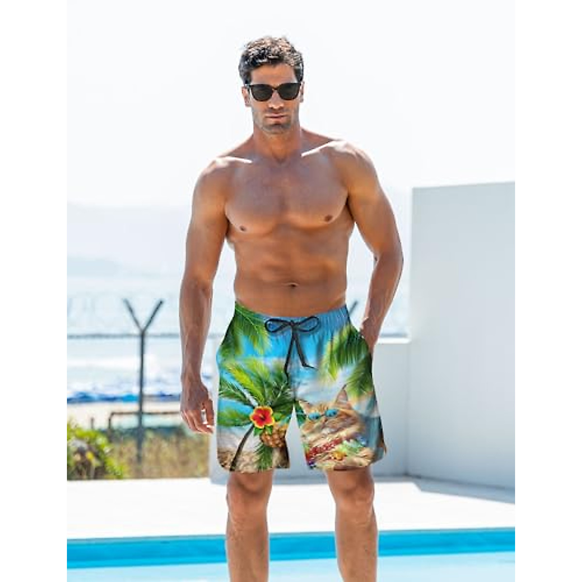 Goodstoworld Funny Cat Swim Trunks for Men Mens Swimming Trunks Board Shorts Summer Long Hawaiian Water Party Beach Bathing Suits