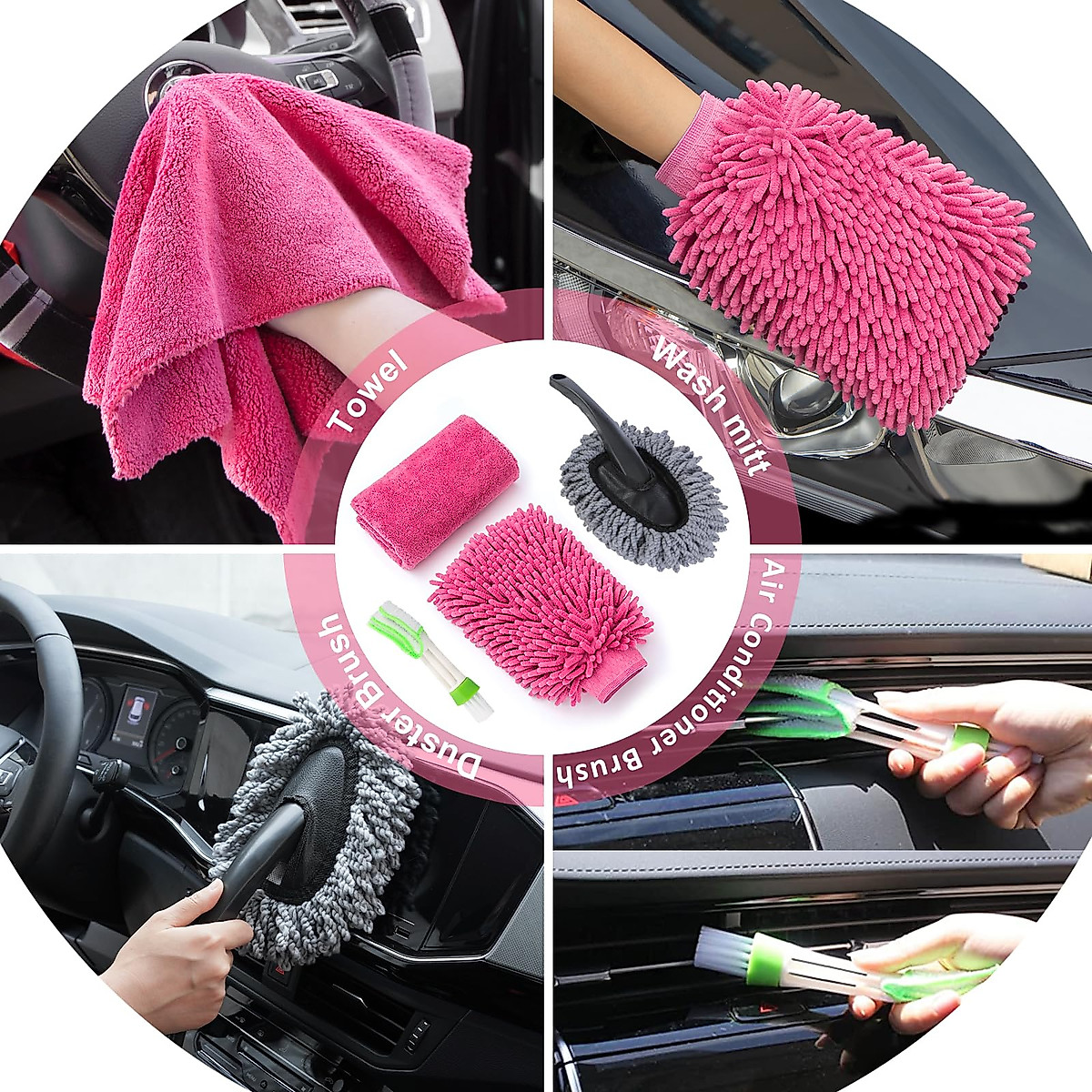 AUTODECO 41Pcs Car Cleaning Wash Kit Interior Detailing Cleaner Kit with High Power Handheld Vacuum, Collapsible Bucket, Windshield Tool, Gel, Snow Shovel, Tire Brush, Complete Car Care Tools, Pink