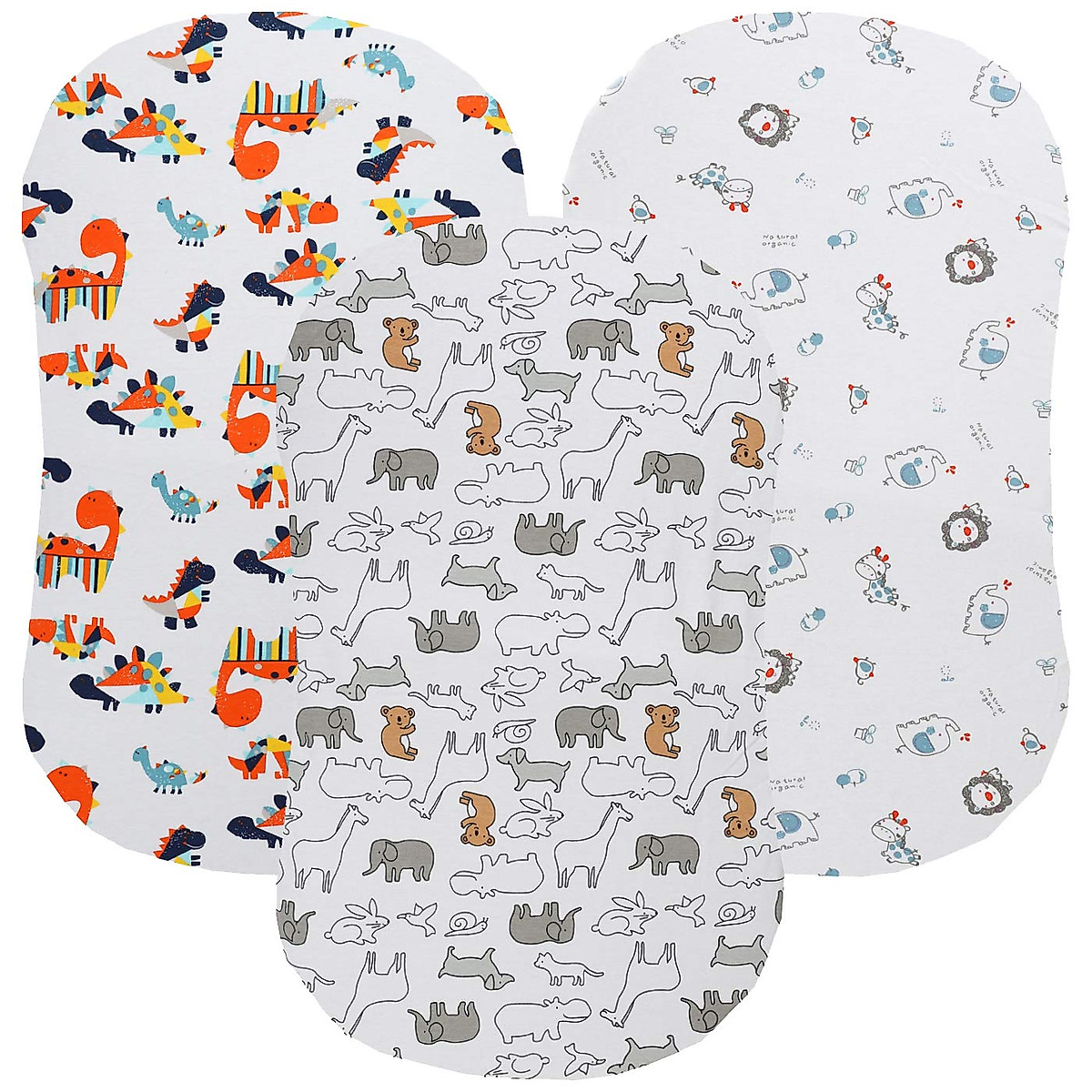 Jersey Cotton Bassinet Sheet Set 3 Pack Fitted Cradle Sheets, Ultra Soft Stretch 190 GSM, for Baby Boy, Universal Fit Rectangle Oval Hourglass Bassinet Mattress, Dinosaur Elephant Koala