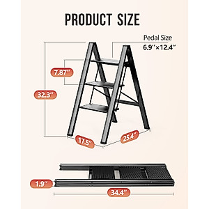 WOA WOA 3 Step Ladder, Foldable Step Stool, Aluminum Lightweight Ladder for Home Kitchen Closet, Anti-Slip Pedals, Ease of Folding, Portable, 300lbs Capacity - Black
