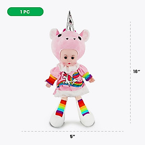 Boley Unicorn Baby Doll - Open and Close Eyes Unicorn Baby Doll for Kids - Classic 16 Inch Babydoll with Unicorn Plush-Hoodie and Cotton Dress - Unicorn Toy for Toddlers and Kids Ages 3 and Up