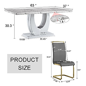 hohoedc 63" Morden Faux Marble Dining Room Table Set,Big Kitchen Dining Table for 6-8 with MDF Base,7 Piece Rectangle Dining Table Set &6 Pu Leather Golden Leg Chairs