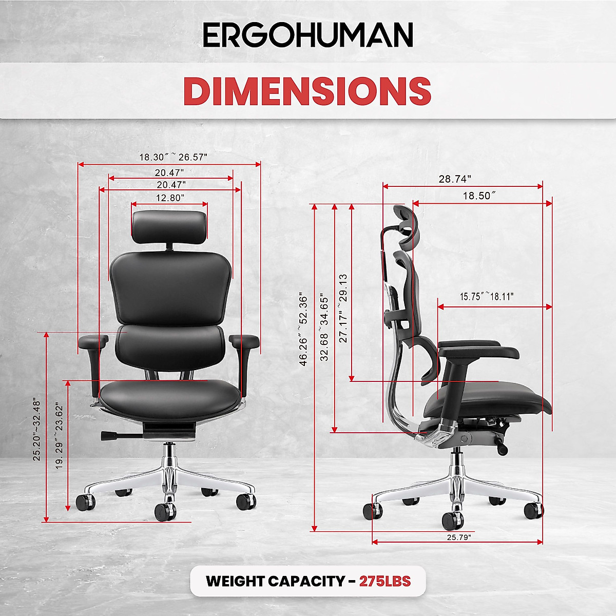 Ergohuman Eurotech LE9ERG Executive High Back Leather Swivel Chair - Office Chair with Tilt Tension Control, Tilt Lock, Back Angle & Height, Synchro Tilt, Seat Height & Depth, & Arm Height Adjustments