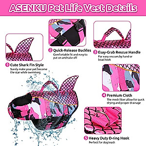 ASENKU Dog Life Jackets, Ripstop Pet Floatation Life Vest for Small, Medium, Large Size Dogs, Dog Lifesaver Preserver Swimsuit for Water Safety at The Pool, Beach, Swimming, Boating (XL,Pink Shark)