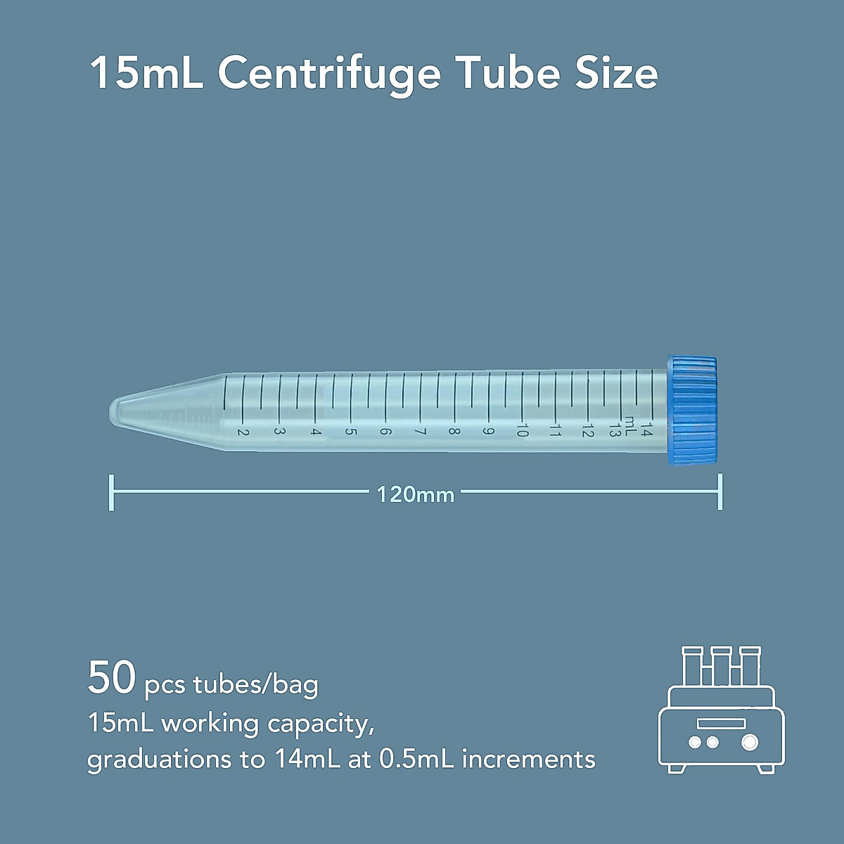 VISOSCI Autoclavable Polypropylene Centrifuge Tubes, Volume 15ml, White Printed Graduated Marks from 1.5ml to 14ml, Assembled Leak-Proof Screw Cap, Gamma Sterile, 50pcs/Bag