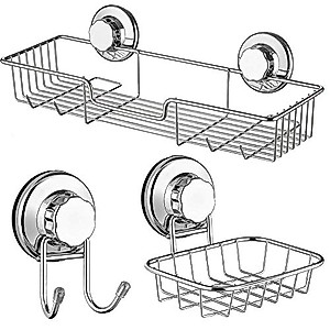 ARCCI Suction Cup Shower Caddy 3 Pack, Stainless Steel Bathroom Storage Shower Organizer Shelves, Suction Bar Soap Dish Holder & Bath Hook, Shower Shelf Basket for Inside Shower, Bathroom Organization