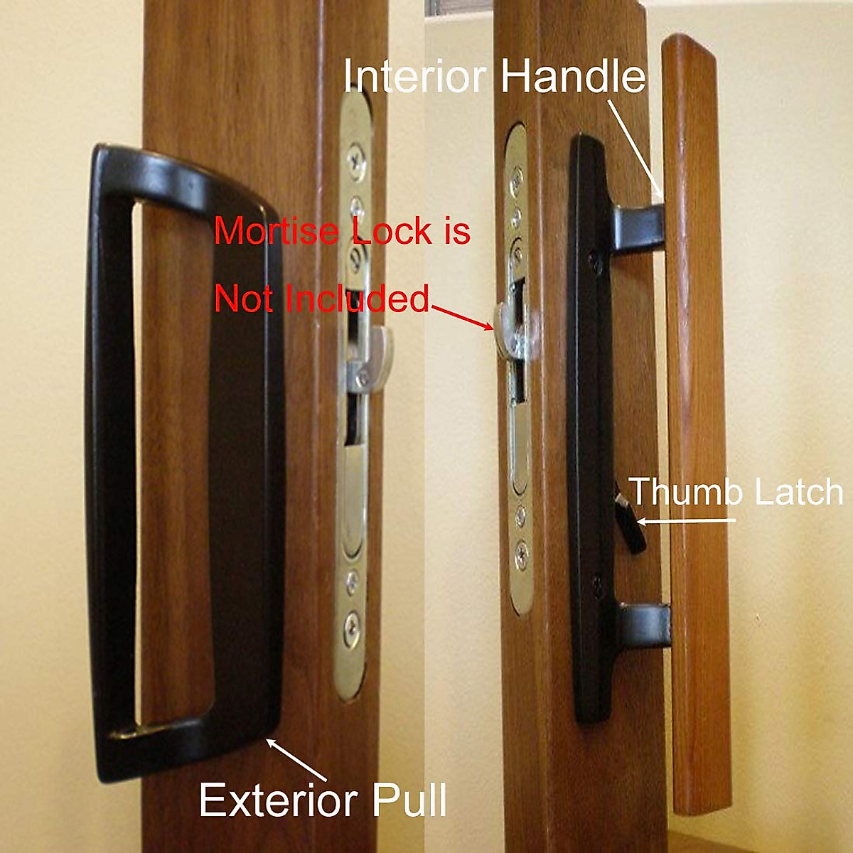 Mortise Style Reversible Sliding Patio Door Handle Set with Oak Wood Interior Handle and Exterior Pull in White Diecast Finish Fits 3-15/16” Screw Hole Spacing, Non-keyed with Latch Locks (Black)