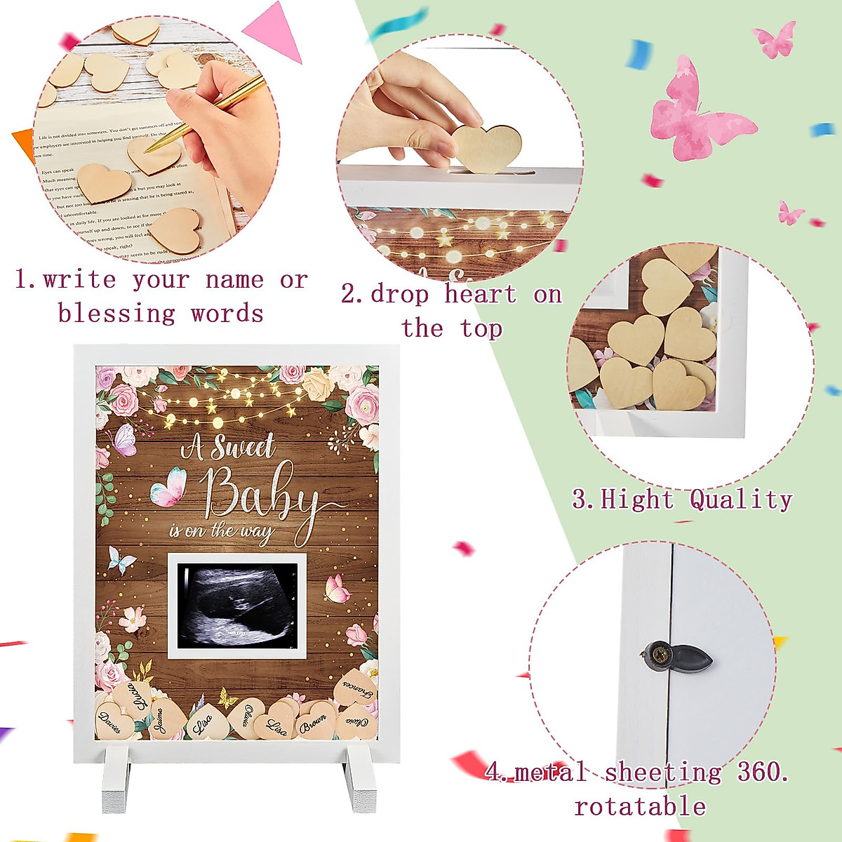 Kosiz Rustic Wood Floral Baby Shower Guest Book Alternatives Butterfly Pink Flower Guest Book Frame with Wooden Hearts for 60 Guests Baby Shower Sign Pregnancy Keepsake for Soon to Be Moms