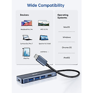 USB C Hub HDMI 4K 60Hz, USB C Adapter Multiport with 100W PD, HDMI,3 USB 3.0 Data Ports, Dockteck 5 in 1 USB C Dongle Dock for MacBook Pro/Air, iPad Pro/Air/Mini 6, Surface Pro 7/8/9 and More