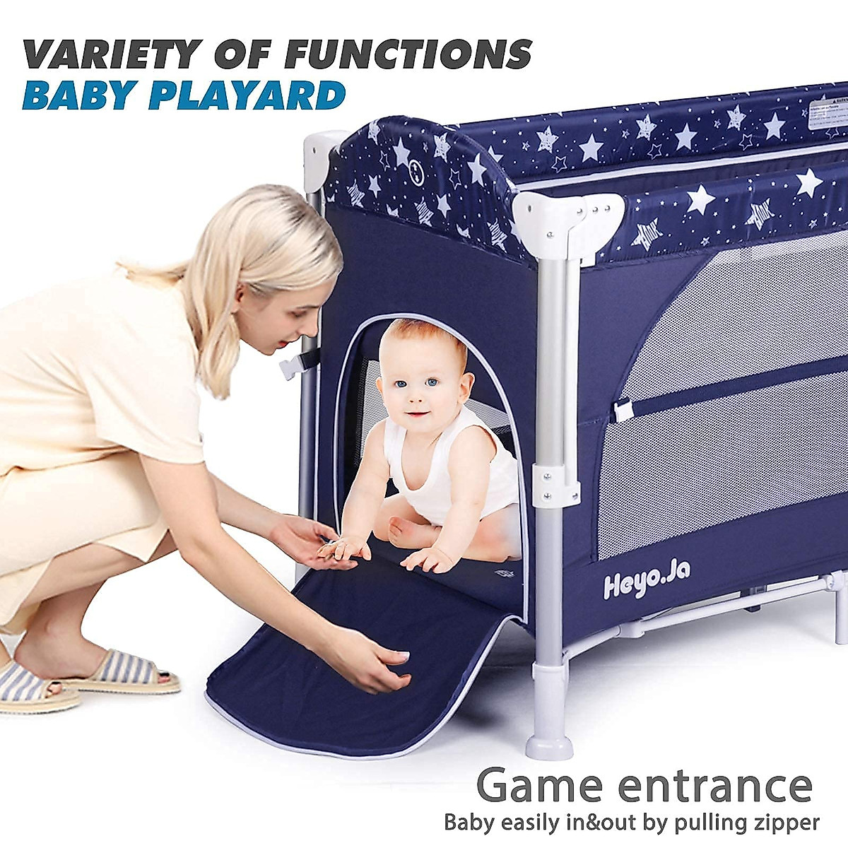 Heyo.Ja Baby Bassinet Bedside Crib, Portable Playard 4 in 1 Convertible Pack and Play with Mattress, Foldable Travel Crib for Girls Boys Infant Newborn (Navy)